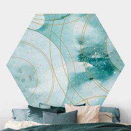 Bilderwelten Hexagon Tapete originell Abstrakt Aquarell t&uuml;rkis - Magischer goldener Sternenhimmel II - Himmel Wohnzimmer Schlafzimmer