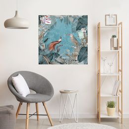 Bilderwelten Glasbild Tiere Vintage petrol Glas Wandbild - Vintage Collage - Paradiesv&ouml;gel - Pflanzen Wohnzimmer Schlafzimmer