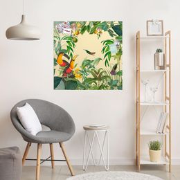 Bilderwelten Glasbild Tiere Vintage bunt Glas Wandbild - Vintage Collage - V&ouml;gel im Dschungel - Retro Wohnzimmer Schlafzimmer