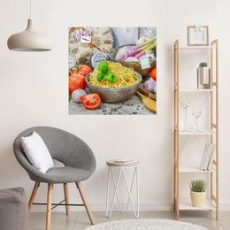 Bilderwelten Glasbild Kulinarisch Motiv bunt Glas Wandbild - Spagetthischale mit Basilikum - Deko K&uuml;che
