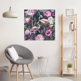 Bilderwelten Glasbild Blumen Tropisch pink Glas Wandbild - Bunte Collage - Pinke Flamingos im Dschungel - V&ouml;gel Wohnzimmer Schlafzimmer