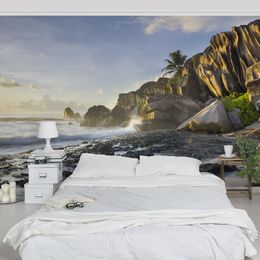 Bilderwelten Fototapete Strand Motiv Wandtapete blau - Sonnenuntergang im Inselparadies - Himmel Wohnzimmer Schlafzimmer