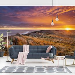 Bilderwelten Fototapete Strand Motiv Wandtapete orange - Sonnenaufgang am Strand auf Sylt - Himmel Wohnzimmer Schlafzimmer