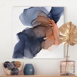 Bilderwelten Leinwandbild originell Abstrakt Aquarell blau - Ozeantropfen Blau-Orange mit Gold - Wandbild XXL Wohnzimmer Schlafzimmer