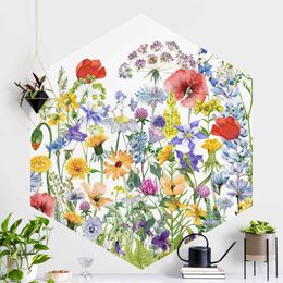 Bilderwelten Hexagon Tapete Blumen Illustration Aquarell bunt - Aquarellierte Blumenwiese - Blumenwiese Wohnzimmer Schlafzimmer