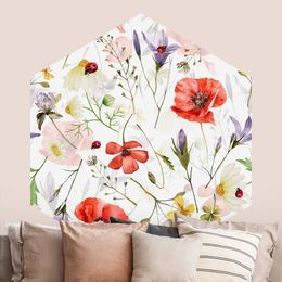Bilderwelten Hexagon Tapete Blumen modern Aquarell rot - Marienk&auml;fer mit Mohn als Aquarell - Deko Wohnzimmer Schlafzimmer