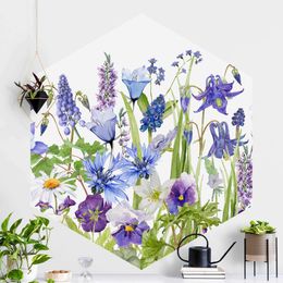 Bilderwelten Hexagon Tapete Blumen Illustration Aquarell blau - Aquarellierte Blumenwiese in Blau - Blumenwiese Wohnzimmer Schlafzimmer