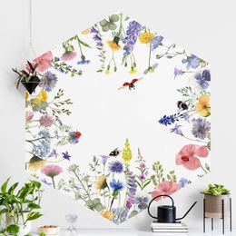 Bilderwelten Hexagon Tapete Blumen Illustration Aquarell bunt - Aquarellierte Blumen mit Marienk&auml;fern - Blumenwiese Wohnzimmer Schlafzimmer