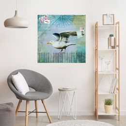 Bilderwelten Glasbild Tiere Vintage blau Glas Wandbild - Vintage Collage - Seem&ouml;we auf Holzplanken - Retro Wohnzimmer Schlafzimmer