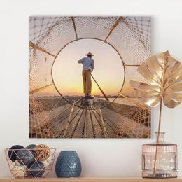 Bilderwelten Leinwandbild Natur Motiv Kunstdruck orange - Intha Fischer am Morgen - Asia XXL Wohnzimmer Schlafzimmer