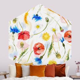 Bilderwelten Hexagon Tapete Blumen Illustration Aquarell bunt - Aquarellierte Feldblumen mit Mohn - Blumenwiese Wohnzimmer Schlafzimmer