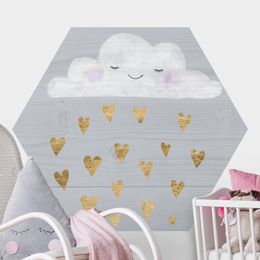 Bilderwelten Hexagon Tapete Liebe Illustration Wandtapete grau - Wolke mit goldenen Herzen - Herz Kinderzimmer Baby M&auml;dchen Jungen