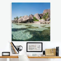 Bilderwelten Leinwandbild Strand Tropisch Kunstdruck t&uuml;rkis - La Digue - Karibik XXL Wohnzimmer Schlafzimmer