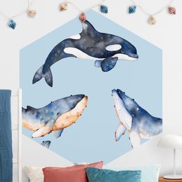 Bilderwelten Hexagon Tapete Tiere Illustration Aquarell blau - Illustrierte Wale als Aquarell - Deko Kinderzimmer Baby M&auml;dchen Jungen