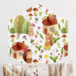 Bilderwelten Hexagon Tapete Wald Illustration Aquarell gr&uuml;n - Aquarellierte Igel mit Eule Illustration - B&auml;ume Kinderzimmer Baby M&auml;dchen Jungen