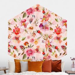 Bilderwelten Hexagon Tapete Blumen Illustration Aquarell rosa - Aquarellierte Blumen auf Rosa - Deko Wohnzimmer Schlafzimmer