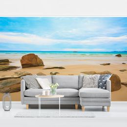Bilderwelten Fototapete Strand Motiv Wandtapete gold - Rocky Beach - K&uuml;ste Wohnzimmer Schlafzimmer
