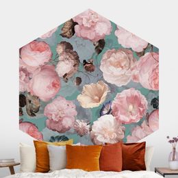 Bilderwelten Hexagon Tapete Blumen modern Wandtapete blau - Pastell Rosentraum auf Blau - Rose Wohnzimmer Schlafzimmer
