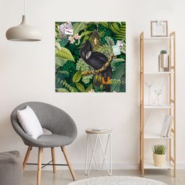 Bilderwelten Glasbild Tiere Tropisch gr&uuml;n Glas Wandbild - Bunte Collage - Kakadus im Dschungel - Pflanzen Wohnzimmer Schlafzimmer