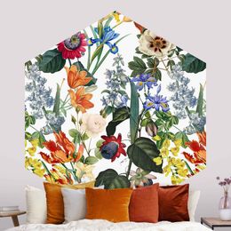 Bilderwelten Hexagon Tapete Blumen modern Wandtapete bunt - Farbenfrohe Blumenpracht - Deko Wohnzimmer Schlafzimmer
