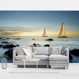 Bilderwelten Fototapete Strand Motiv Wandtapete blau - Segelschiffe im Ozean - Boot Schiff & U-Boot Wohnzimmer Schlafzimmer