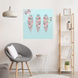 Bilderwelten Glasbild Federn Illustration blau Glas Wandbild - Drei Federn Kupfergold Punkte - Feder Wohnzimmer Schlafzimmer
