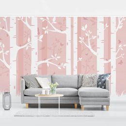 Bilderwelten Fototapete Wald modern Wandtapete beige - Rosa Birkenwald mit Schmetterlingen und V&ouml;gel - B&auml;ume Kinderzimmer Baby M&auml;dchen Jungen