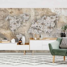 Bilderwelten Fototapete Betonoptik - Alte Uhren Weltkarte - Vintage - Steintapete Wandtapete Schlafzimmer Wohnzimmer - Mauertapete Mauerwerk