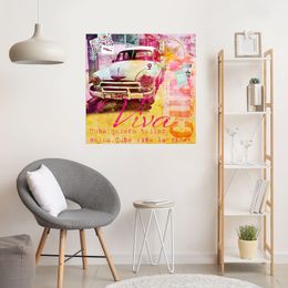 Bilderwelten Glasbild Spr&uuml;che Illustration pink Glas Wandbild - Kubanischer Oldtimer Collage - Fahrzeuge Wohnzimmer Schlafzimmer