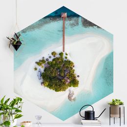 Bilderwelten Hexagon Tapete Strand Motiv Wandtapete blau - Ozeanparadies Malediven - Karibik Wohnzimmer Schlafzimmer