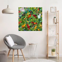 Bilderwelten Glasbild Tiere Tropisch bunt Glas Wandbild - Bunte Collage - Papageien im Dschungel - Pflanzen Wohnzimmer Schlafzimmer