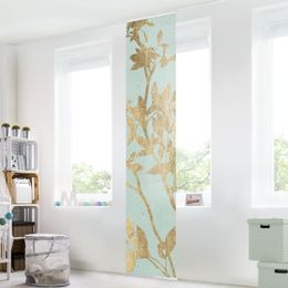 Bilderwelten Schiebegardine Set Goldene Bl&auml;tter auf Turquoise II