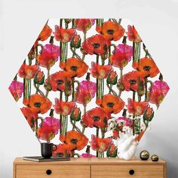 Bilderwelten Hexagon Tapete Blumen Illustration Wandtapete rot - Ein Feld voller Mohnblumen - Deko Wohnzimmer Schlafzimmer