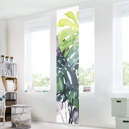 Bilderwelten Schiebegardine Blumen Tropisch Aquarell gr&uuml;n - Exotisches Blattwerk - Monstera - Pflanzen Schiebevorhang Wohnzimmer Schlafzimmer
