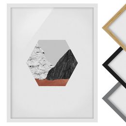 Bilderwelten Bild mit Rahmen schwarz weiss Illustration inkl. Rahmung - Kupferberge Geometrie im Hexagon - Geometrisch Jugendzimmer