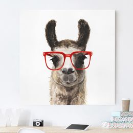 Bilderwelten Leinwandbild Tiere Illustration Kunstdruck weiss - Hippes Lama mit Brille II - Wandbild XXL Wohnzimmer Schlafzimmer