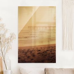 Bilderwelten Glasbild Strand Motiv rosa Glas Wandbild - Kalifornien Halbmond K&uuml;ste - Meerblick Wohnzimmer Schlafzimmer