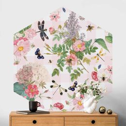 Bilderwelten Hexagon Tapete Blumen modern Wandtapete rosa - Schmetterlinge mit rosa Blumen - Deko Wohnzimmer Schlafzimmer