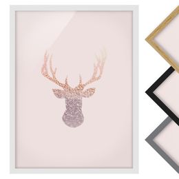 Bilderwelten Bild mit Rahmen Tiere rosa Illustration inkl. Rahmung - Glitzernder Hirsch - Hirsch Wohnzimmer Schlafzimmer