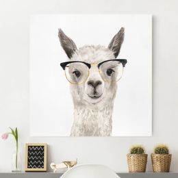 Bilderwelten Leinwandbild Tiere Illustration Kunstdruck weiss - Hippes Lama mit Brille I - Wandbild XXL Wohnzimmer Schlafzimmer
