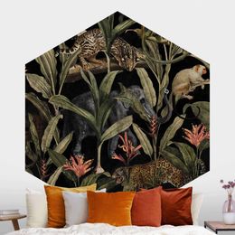 Bilderwelten Hexagon Tapete Tiere Vintage Wandtapete gr&uuml;n - Tropische Nacht mit Leopard - Retro Wohnzimmer Schlafzimmer