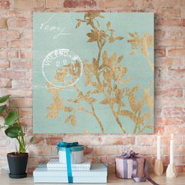Bilderwelten Leinwandbild - Quadrat Goldene Bl&auml;tter auf Turquoise II