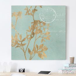 Bilderwelten Leinwandbild - Quadrat Goldene Bl&auml;tter auf Turquoise I