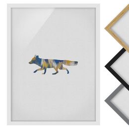 Bilderwelten Bild mit Rahmen Tiere grau modern inkl. Rahmung - Fuchs in Blau und Gelb - Deko Jugendzimmer