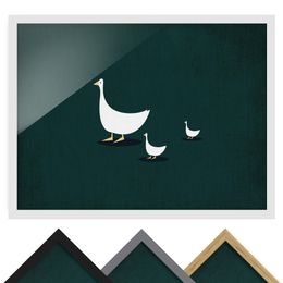 Bilderwelten Bild mit Rahmen Tiere petrol Illustration inkl. Rahmung - Familie Gans auf Wanderschaft - V&ouml;gel Kinderzimmer Baby M&auml;dchen Jungen