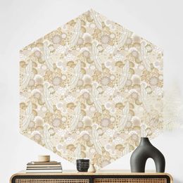Bilderwelten Hexagon Tapete Blumen Illustration Wandtapete beige - Kraniche und Chrysanthemen Beige - V&ouml;gel Wohnzimmer Schlafzimmer