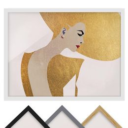 Bilderwelten Bild mit Rahmen Portrait gold Illustration inkl. Rahmung - Dame mit Hut in Gold - Deko Wohnzimmer Schlafzimmer