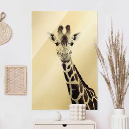 Bilderwelten Glasbild Tiere Motiv schwarz weiss Glas Wandbild - Giraffen Portrait in Schwarz-wei&szlig; - Giraffen Wohnzimmer Schlafzimmer