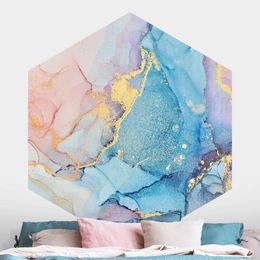 Bilderwelten Hexagon Tapete originell modern Aquarell pastell - Aquarell Pastell Bunt mit Gold - Deko Wohnzimmer Schlafzimmer