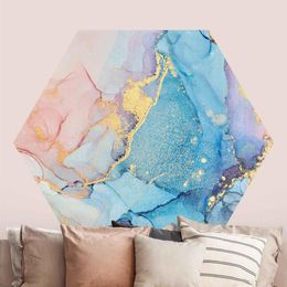 Hexagon Tapete selbstklebend Aquarell Pastell Bunt mit Gold